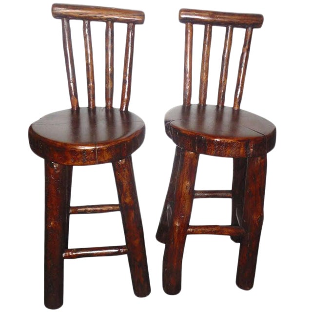 Pair of Rustic Log /Hickory Bar Stools W/ Pllank Seats | Chairish