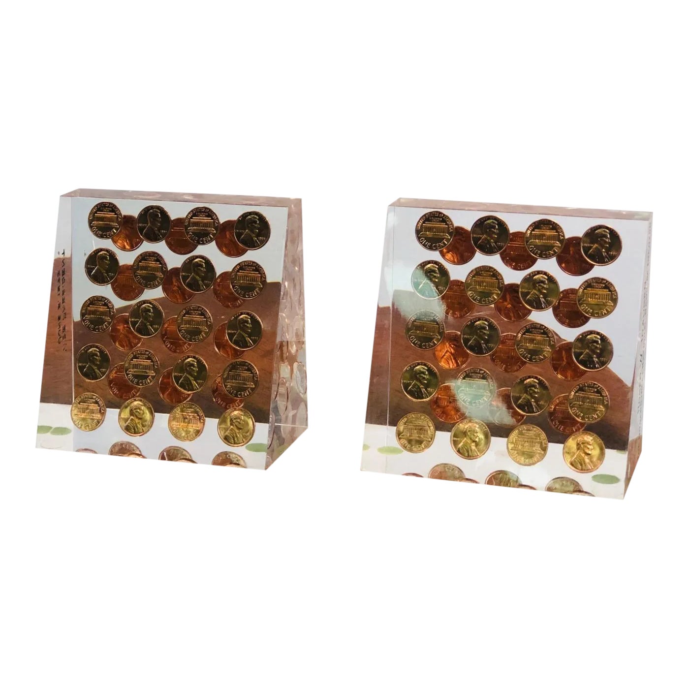 Vintage Mid Century Lucite Bookends With Captured Coins - a Pair | Chairish