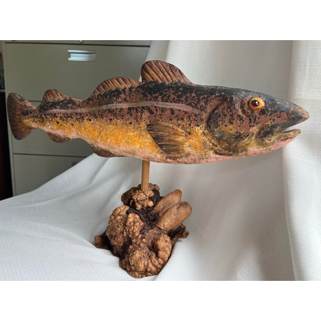 Vintage Hand Carved and Painted Wooden Fish Mounted on Driftwood | Chairish