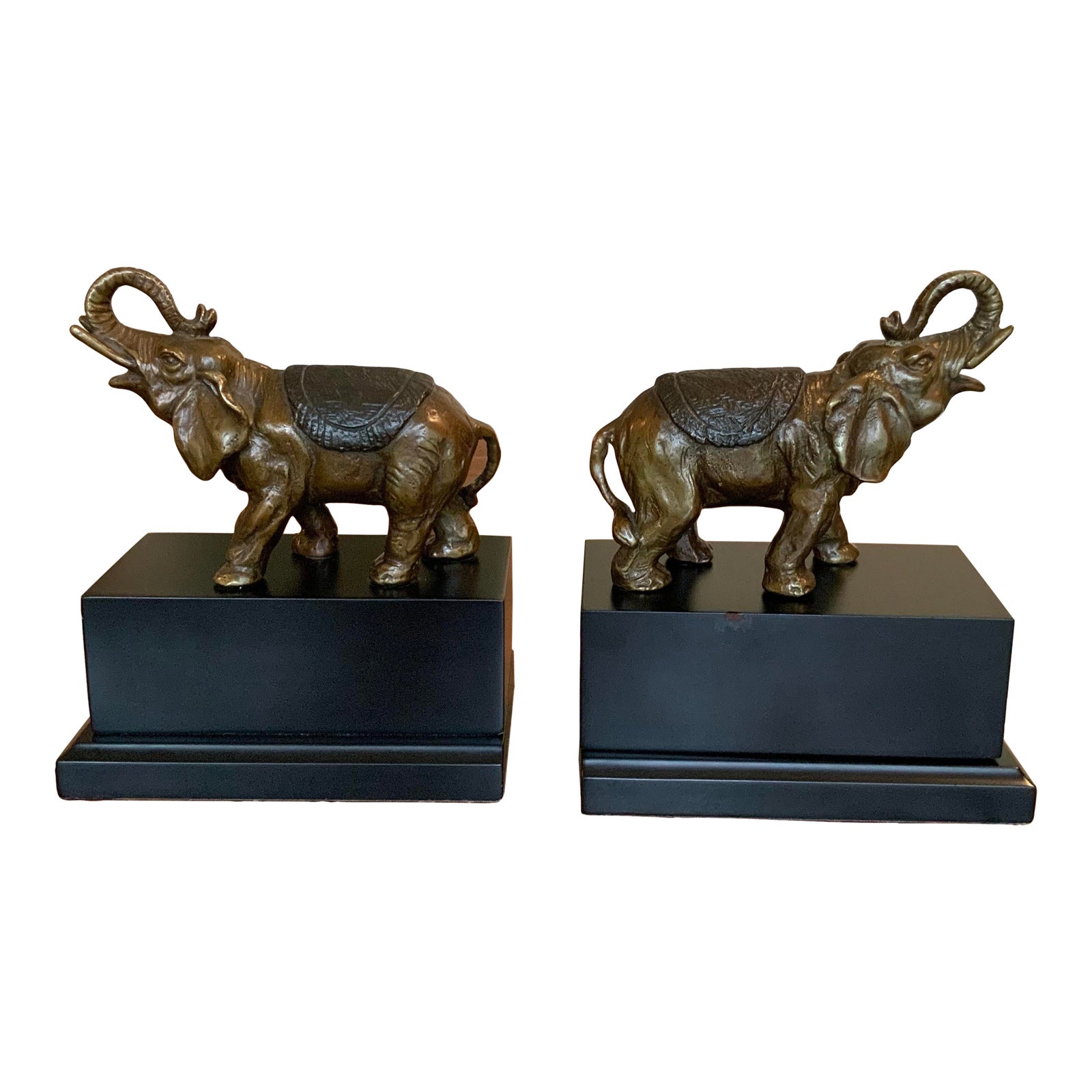 Pair Bronze Elephant Bookends on Black Base for Palm Beach Regency ...