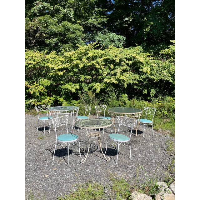 Vintage Wrought Iron Outdoor Dining Seating Set of 6 Chairs and 3 Round ...