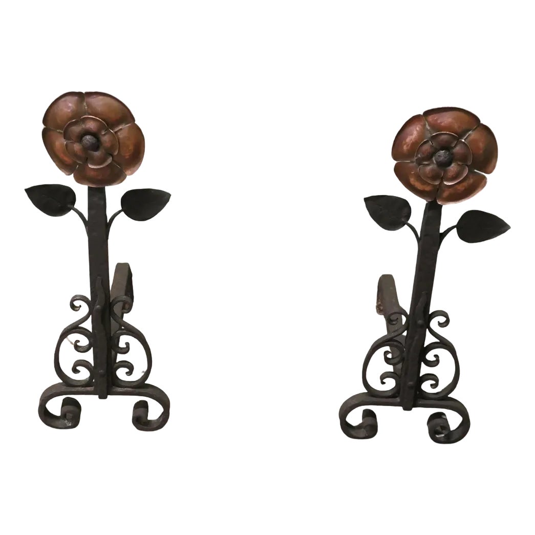 Large Arts and Crafts Copper and Iron Andirons, 1880, Set of 2 | Chairish