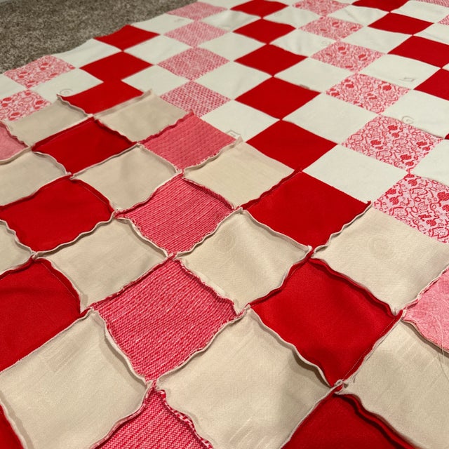 Vintage Knit Red Cream Floral Diamond Checkerboard Quilt Top | Chairish