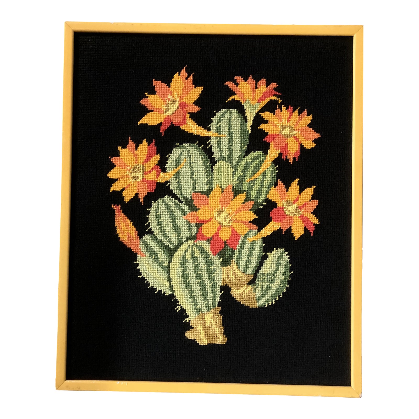 1970’s Hand Done Flowering Cactus Needlepoint Picture Framed | Chairish