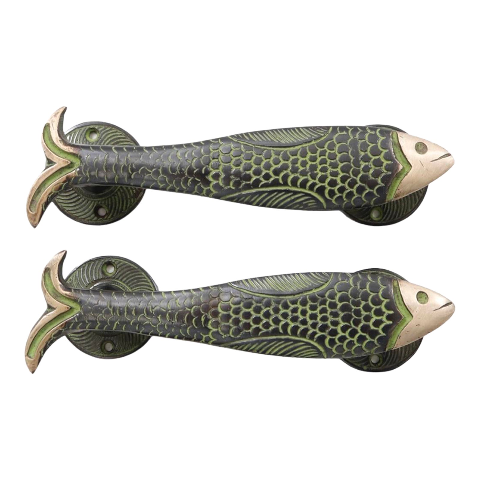 Green Brass Fish Handles - a Pair | Chairish
