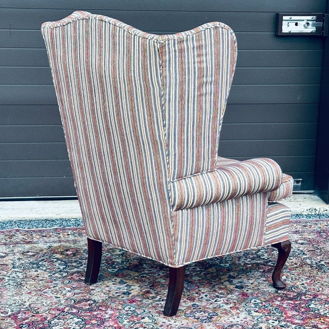 Reupholstered Striped Wing Chair With Feather Cushion | Chairish
