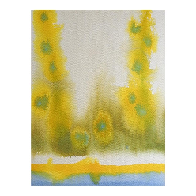 Mid 20th Century Yellow and Blue Abstract Watercolor Painting | Chairish