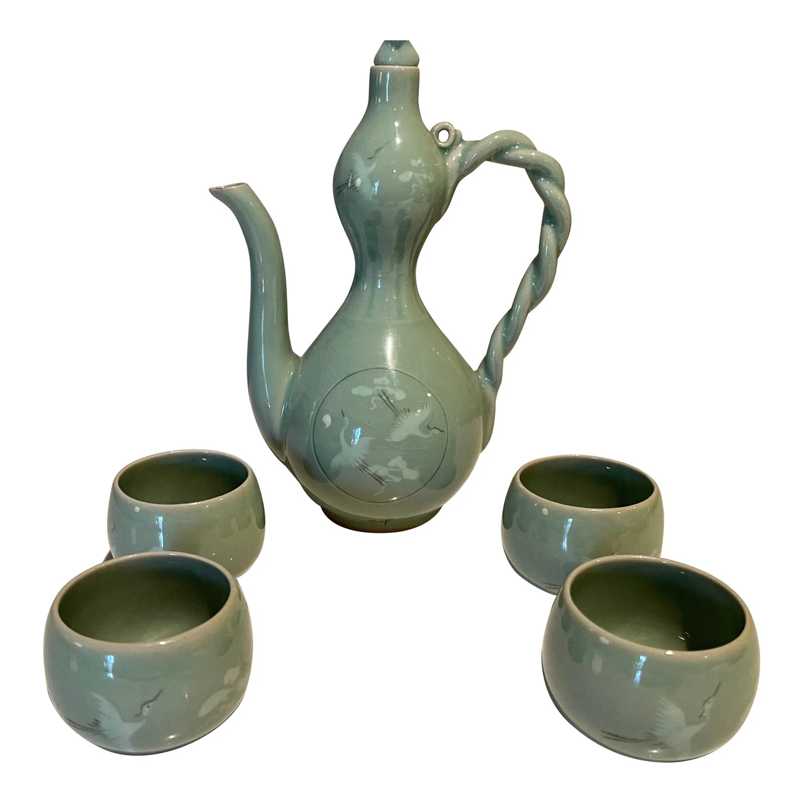 Vintage Korea Goryeo Celadon Sekbo Kiln Unbiwa Crane Inlaid Sake Set ...