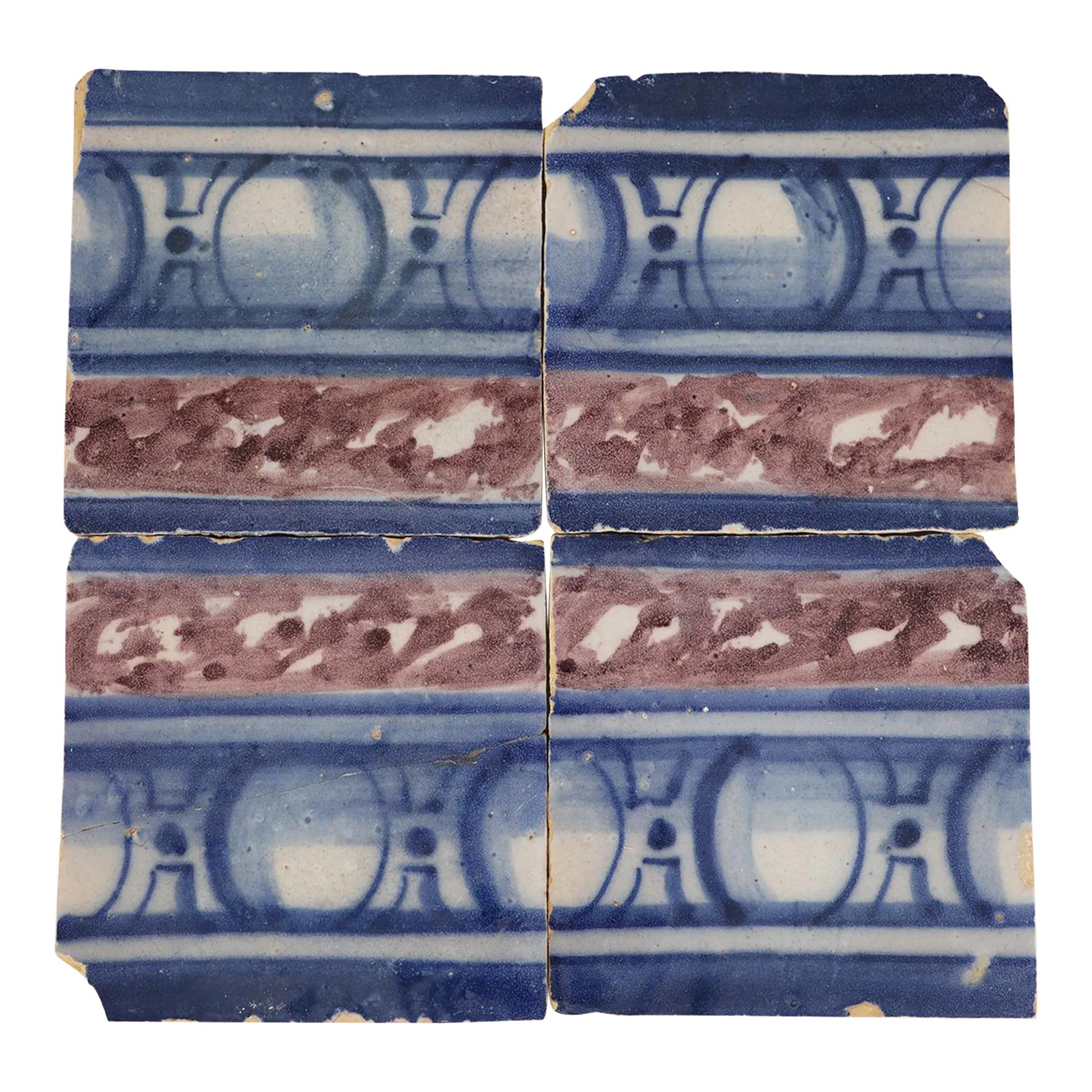 18th Century Antique Portuguese Set of Four Blue, White and Brown ...