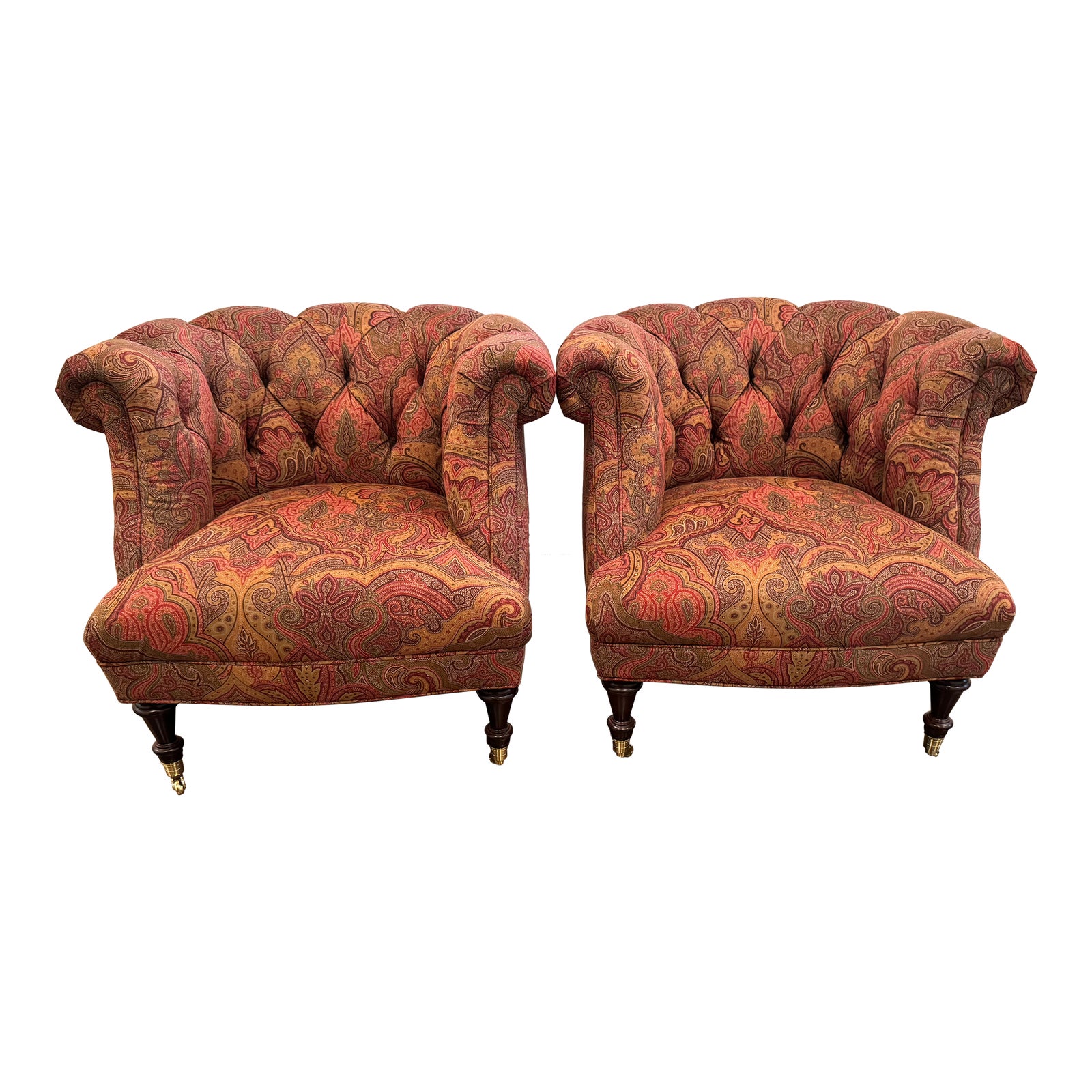 Pair of Hancock & Moore Tufted Roll-Arm Chairs in Paisley Upholstery ...