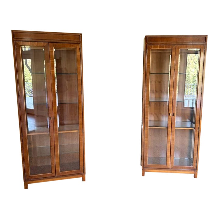 Pair of Vintage Yew Wood Curio Display Cabinets. | Chairish