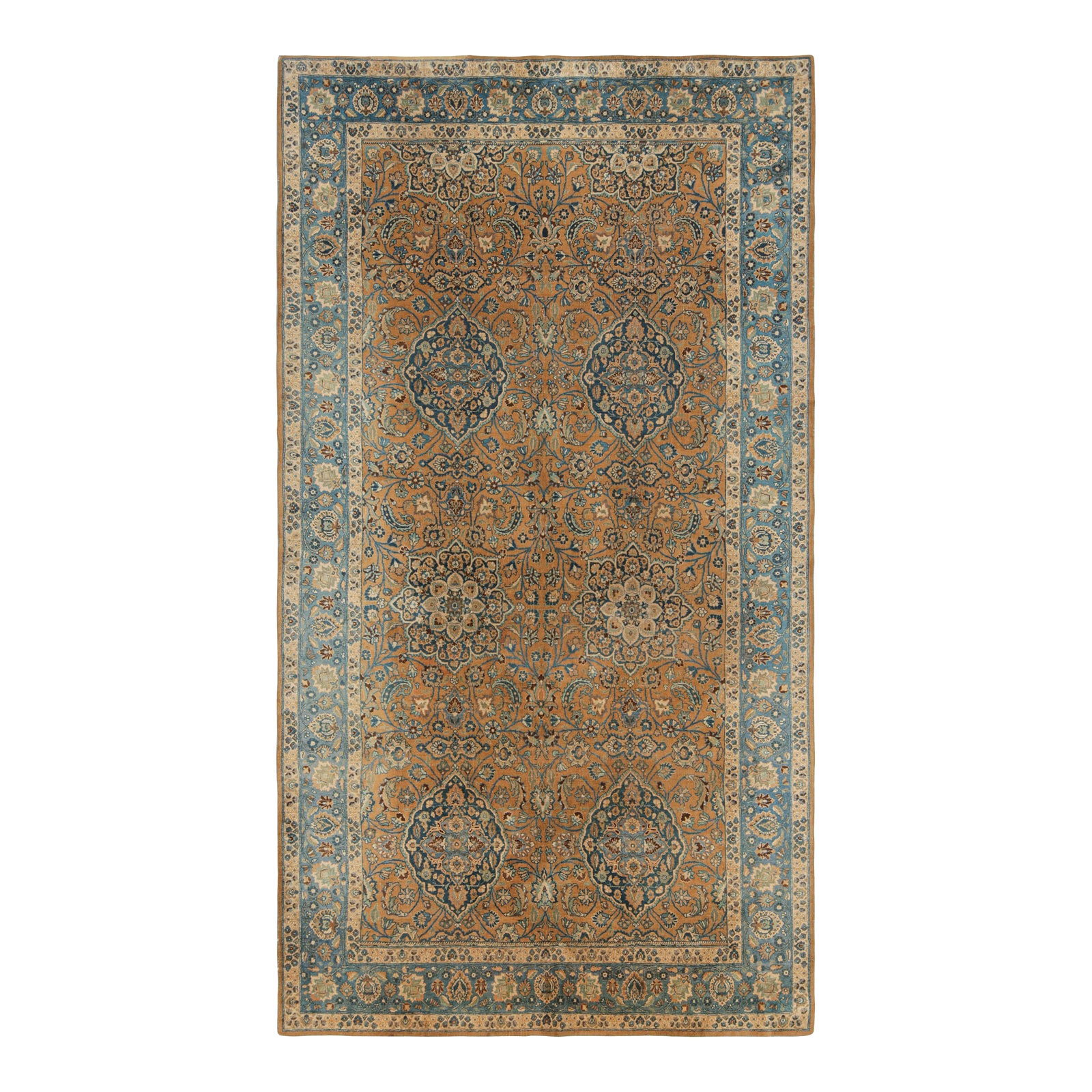 Hand-Knotted Antique Mashad Rug in Beige-Brown and Blue Floral Pattern ...
