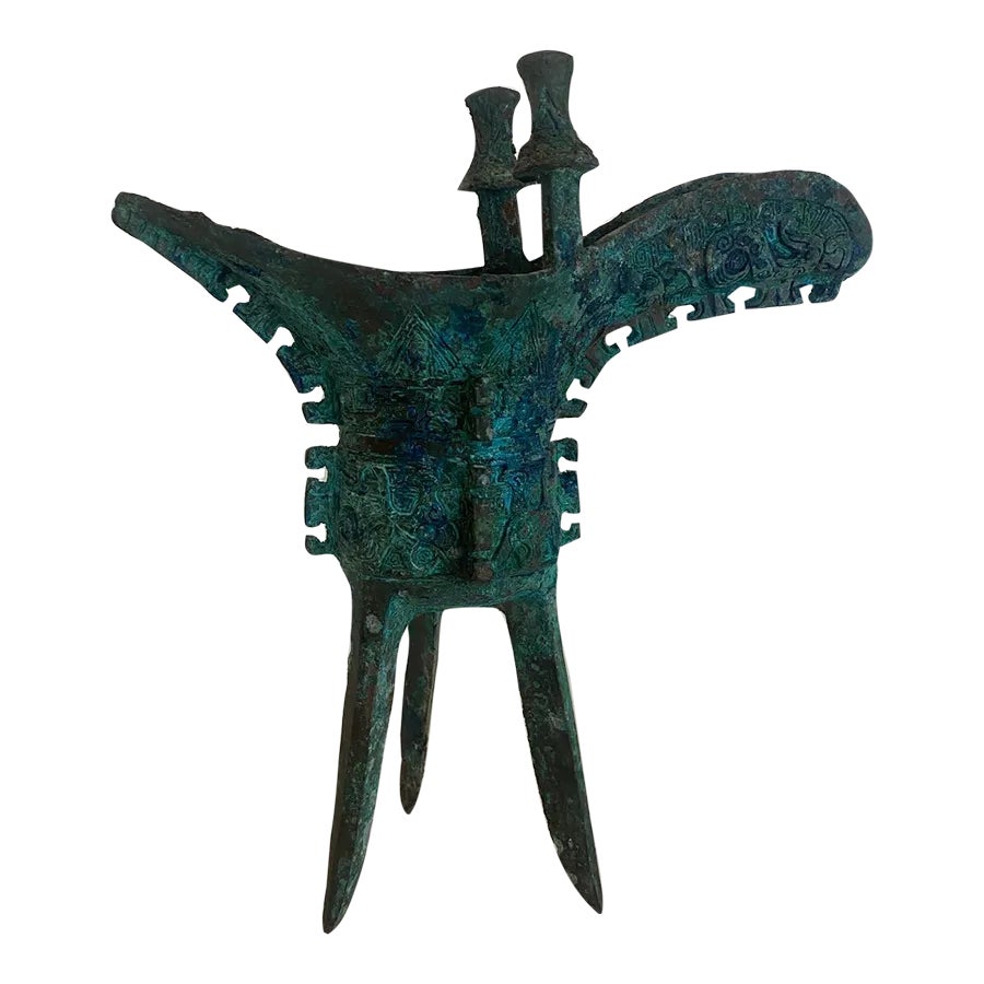Ancient Chinese Verdigris Bronze Ceremonial Jue (Chueh) Tripod Wine Cup ...