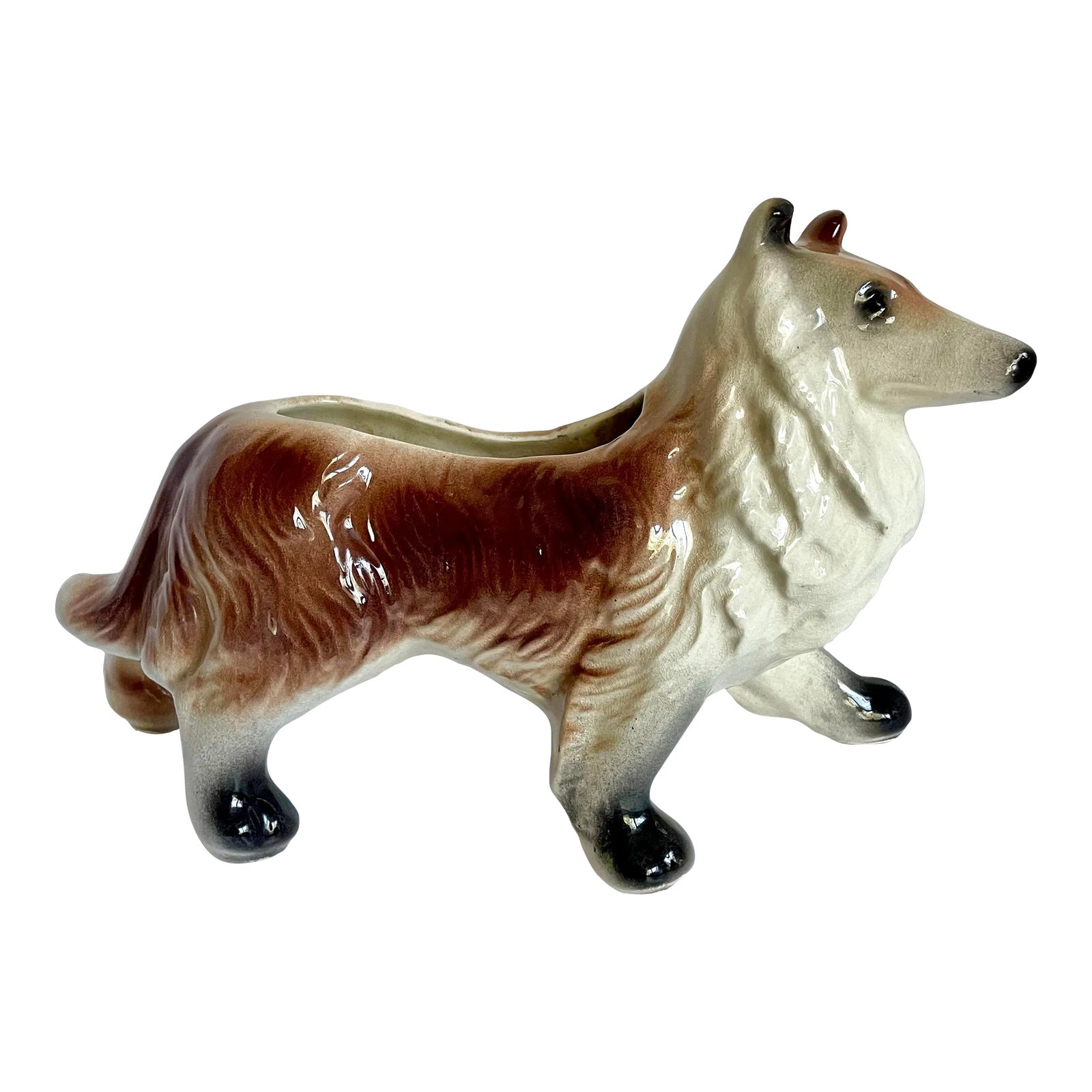 Mid-Century Ceramic Collie Dog Planter Figurine | Chairish