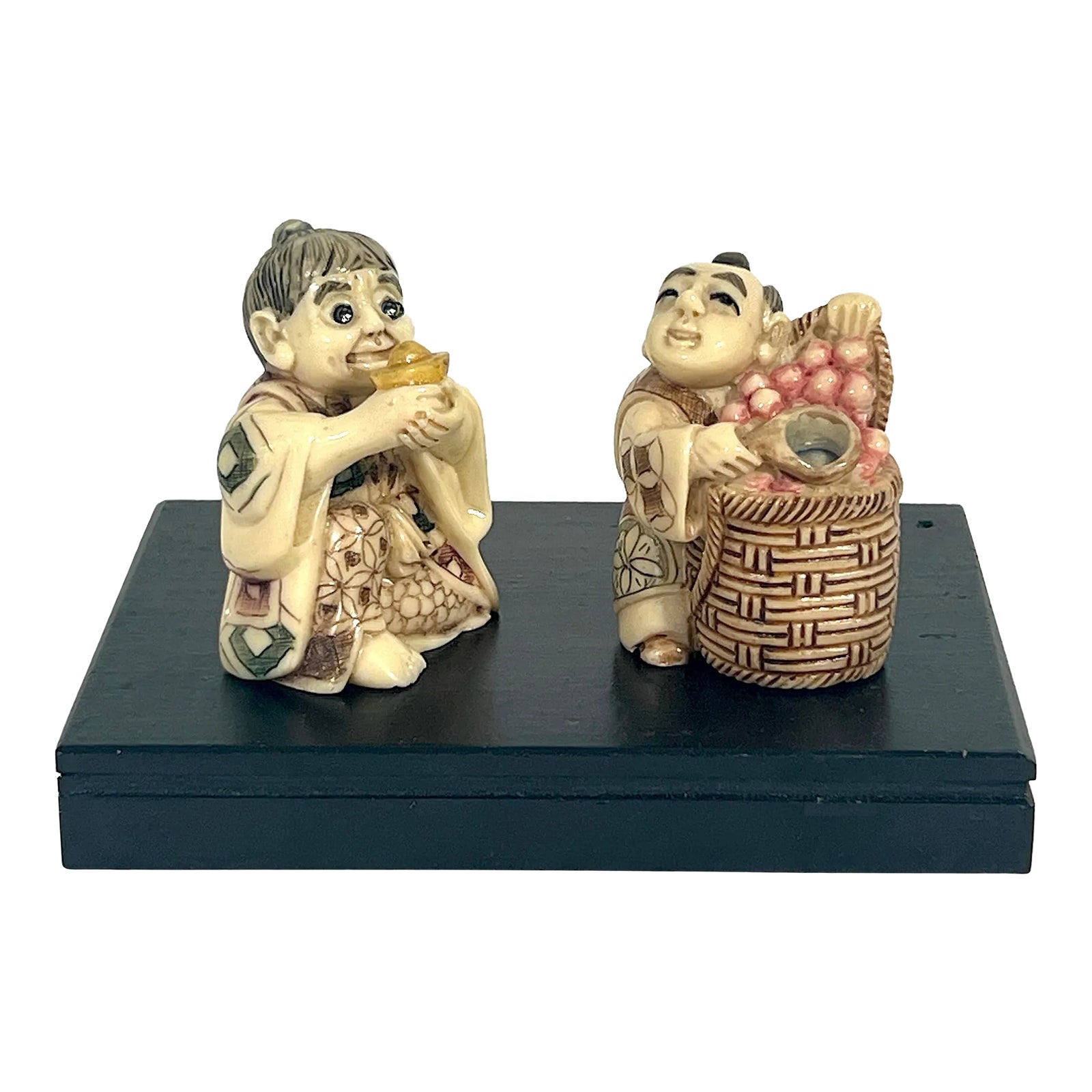 Chinese Netsuke - the Peach Seller and the Golden Ingot Bearer, a Pair ...