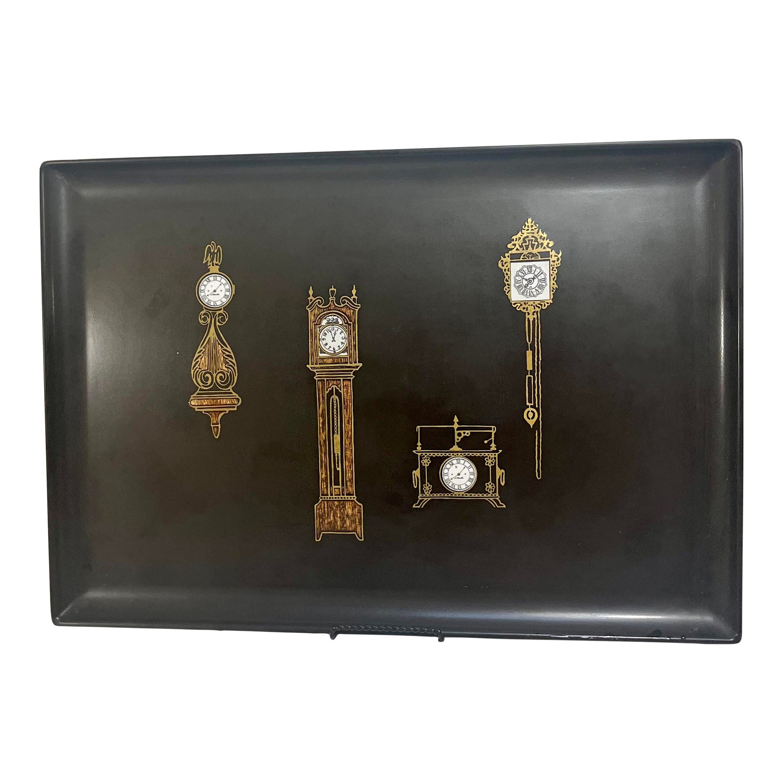 Mid-Century Couroc Old World Clocks Black Resin Tray | Chairish