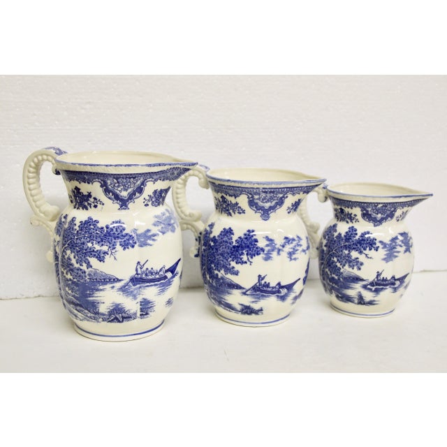 Scenic Blue Transferware Graduated Pitchers, S/3 | Chairish