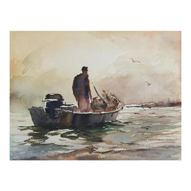 Vintage Impressionist Lone Fisherman on Lake Watercolor Painting | Chairish