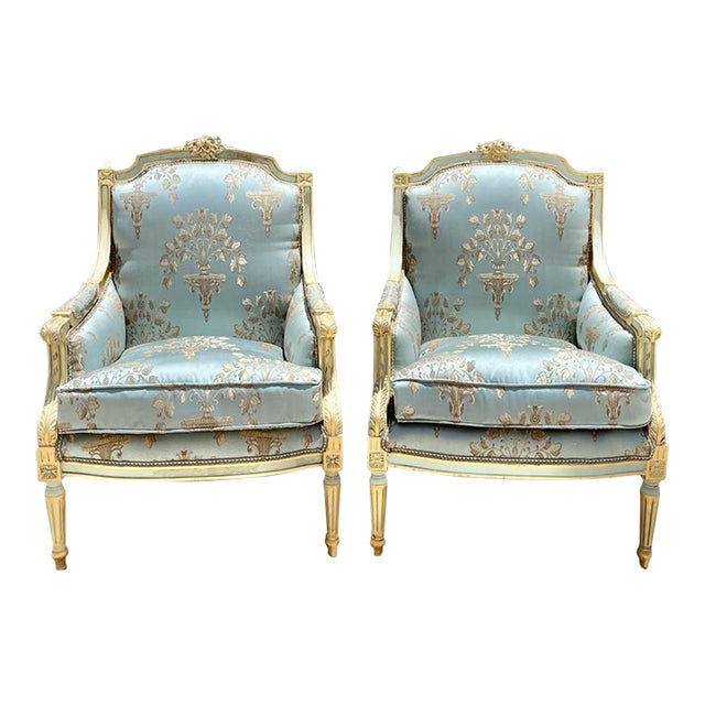 French Chair Light Blue Damask Fabric Gold Frame Chairs - a Pair | Chairish