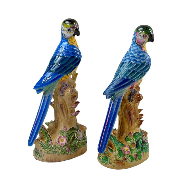 1980's Chinese Blue Porcelain Glazed Parrot Figurines - a Pair | Chairish