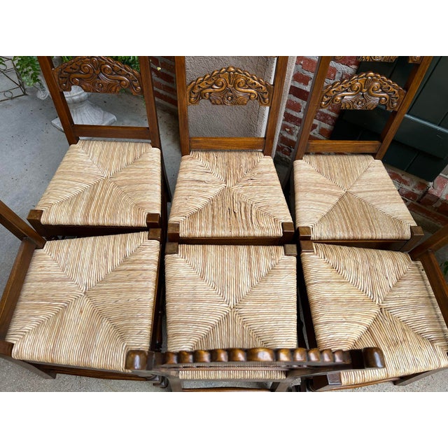 Set 6 Vintage English Dining Side Chairs Carved Oak Rush Seat Yorkshire ...