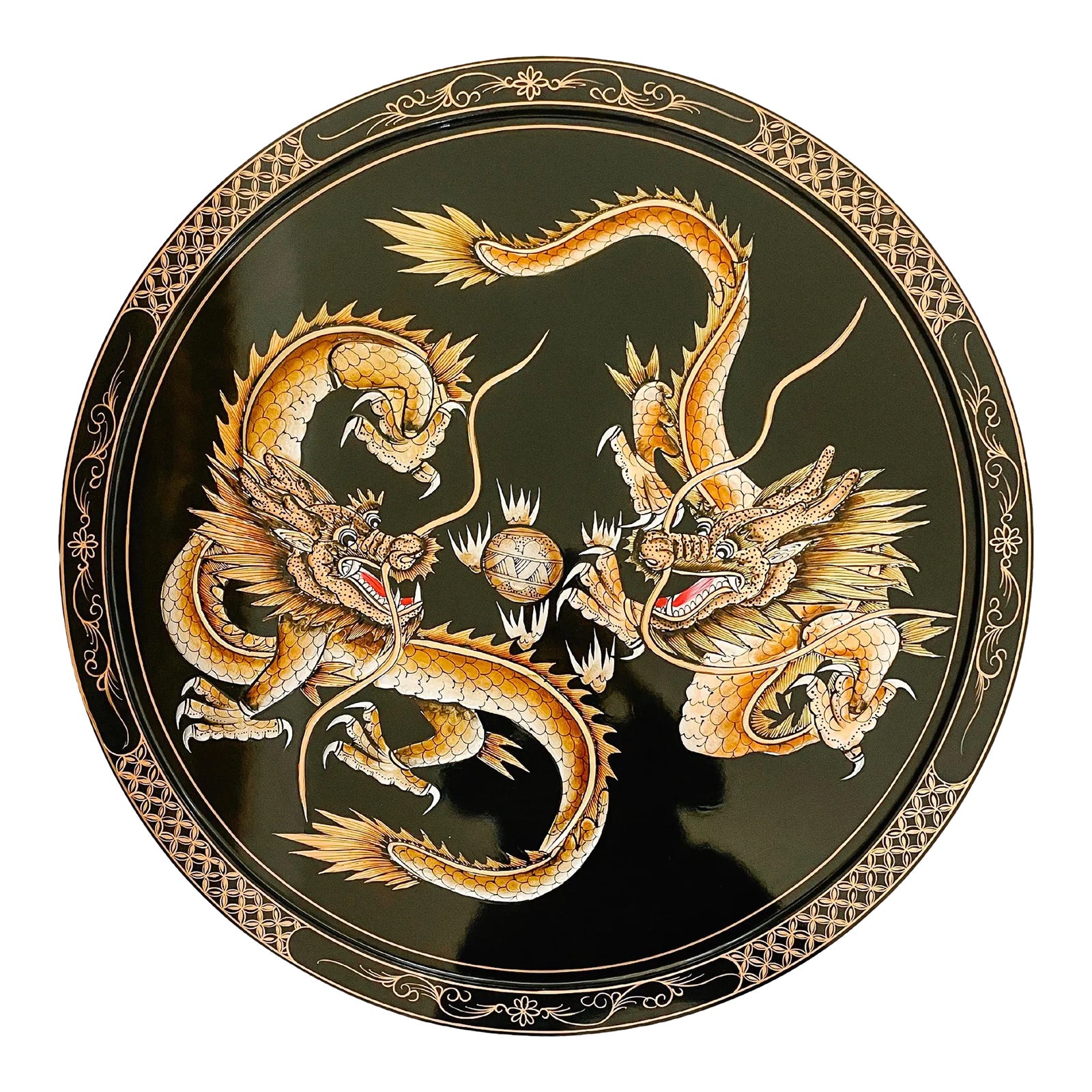 Large Chinese Dragons Lacquered Round Wall Plaque | Chairish