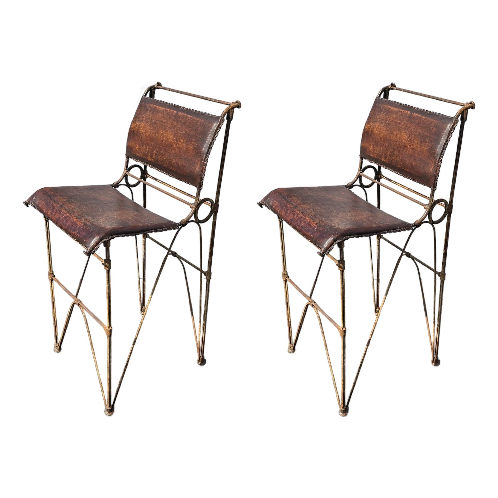Pair of Vintage IIana Goor Brown Leather Barstools Bar Stools | Chairish