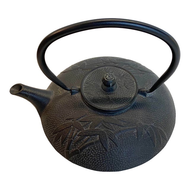 Vintage Japanese Cast Iron Black Color Tea Pot Bamboo Pattern | Chairish