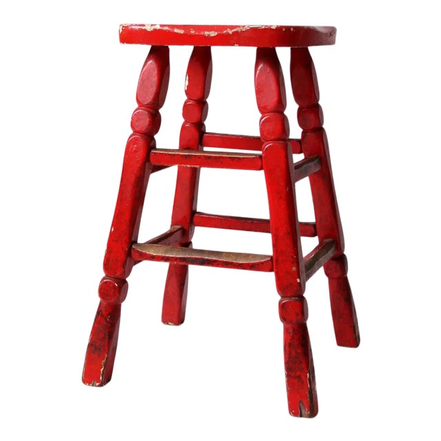 Vintage Red Wooden Stool | Chairish