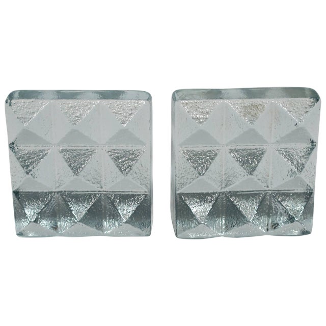 Ice Blue Blenko Glass Pyramid Bookends, Pair | Chairish
