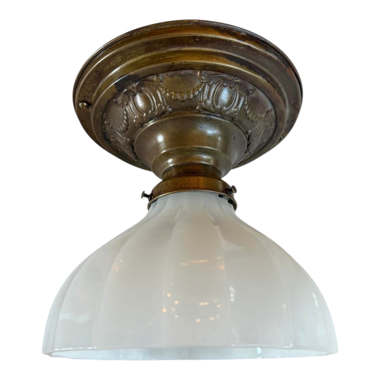 1920s Clamshell Milk Glass Flushmount Light Fixture on Brass Canopy ...