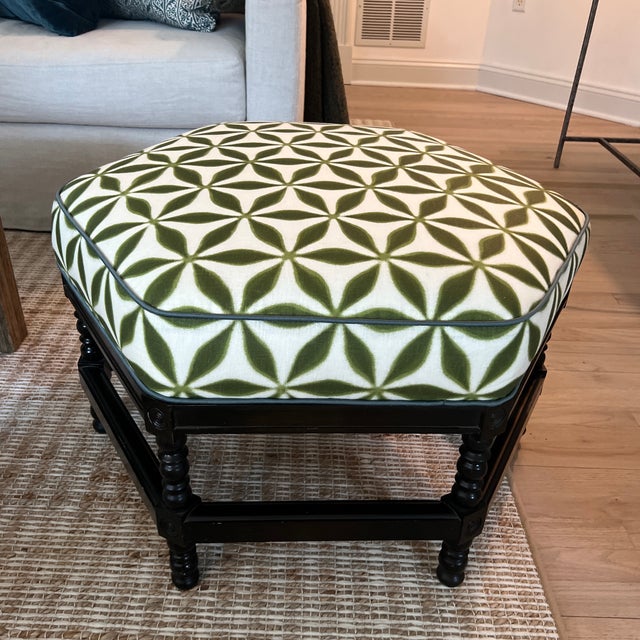 Spanish Almost Black Octagonal Wood Ottoman Upholstered in Green Jasper ...