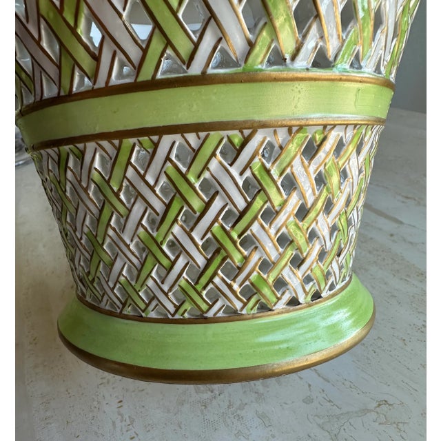 Italian Green and White Palm Beach Style Ceramic Cache Pot Planter ...