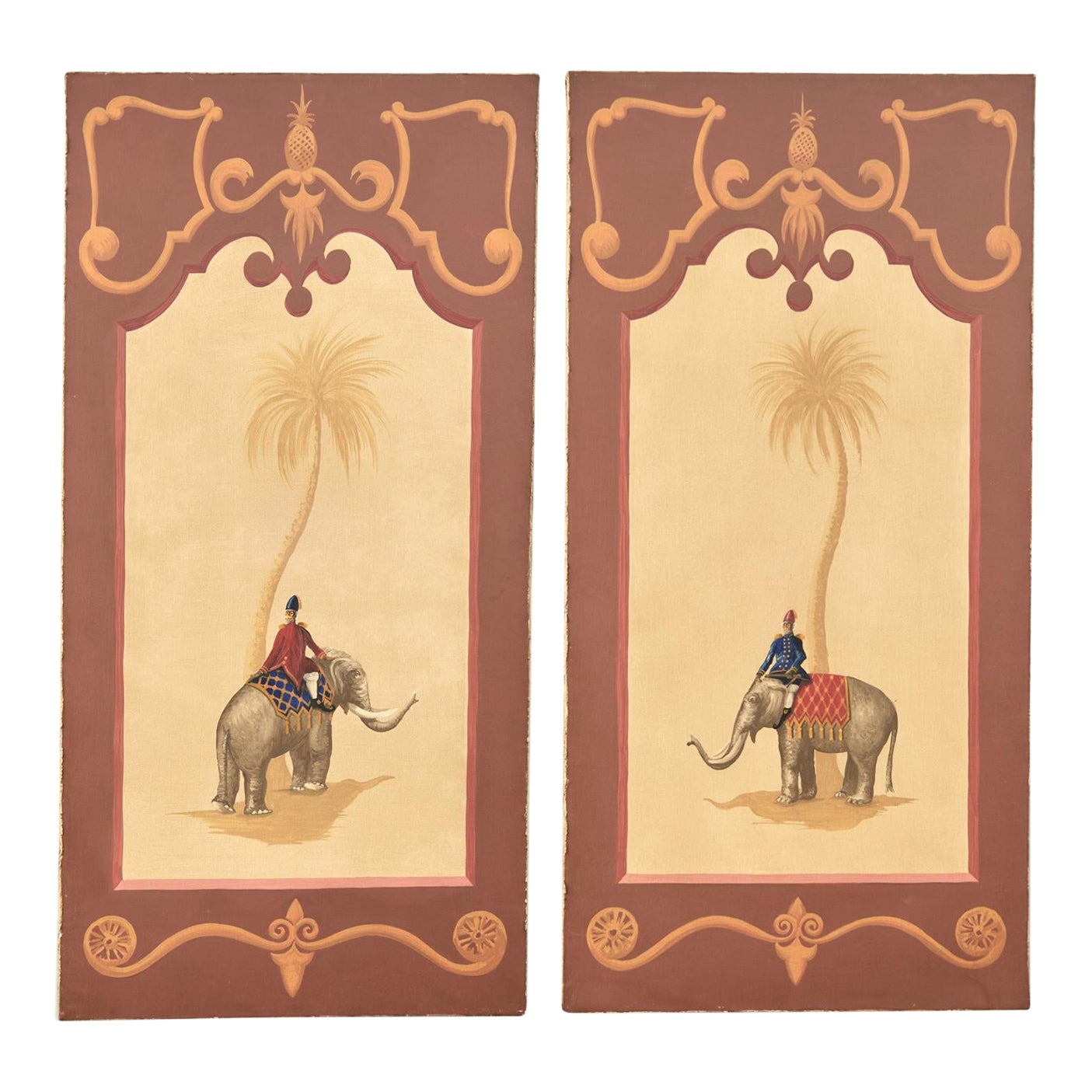 Pair of Vintage Italian Paintings of Elephants With Palm Trees | Chairish