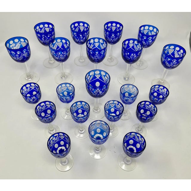 1940s Blue Cut Crystal Hock Wine & Cordial Glassware Set - 21pc. | Chairish
