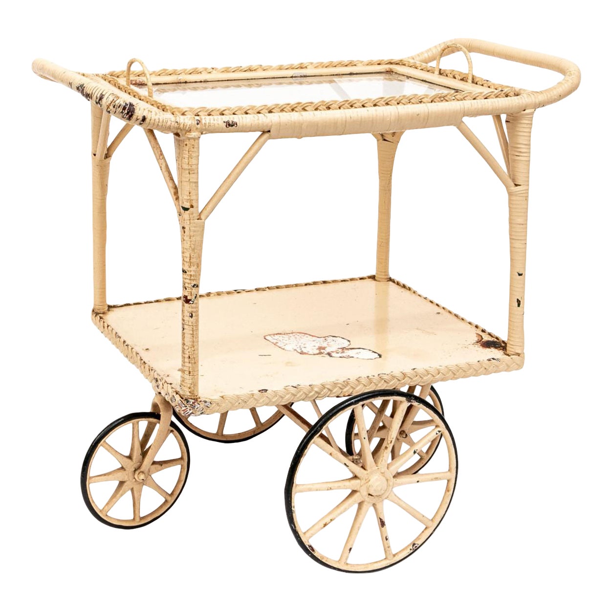 Antique Double Handled Wicker Cane Bar Cart With Tray | Chairish