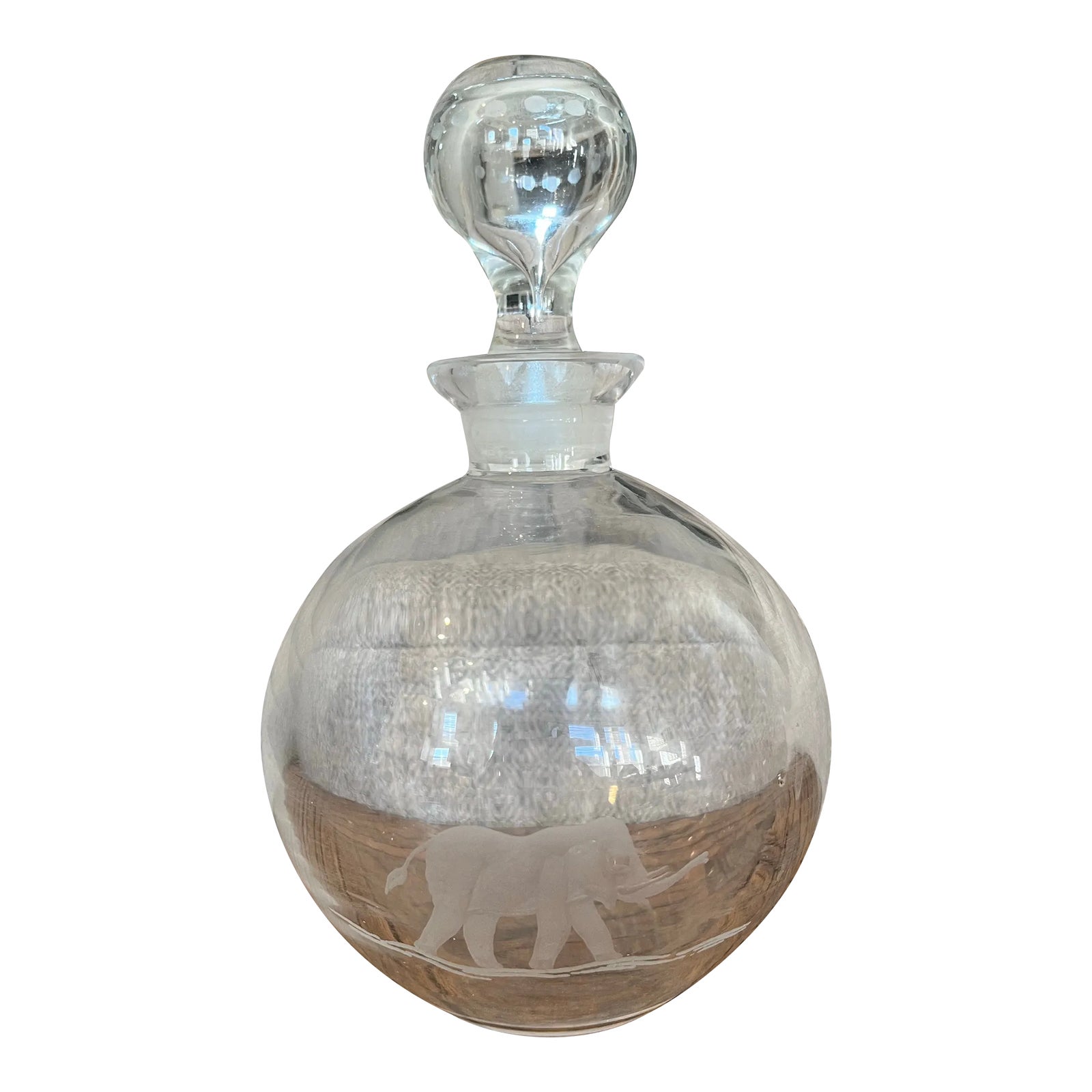 Vintage Hand Etched Elephant Glass Decanter | Chairish