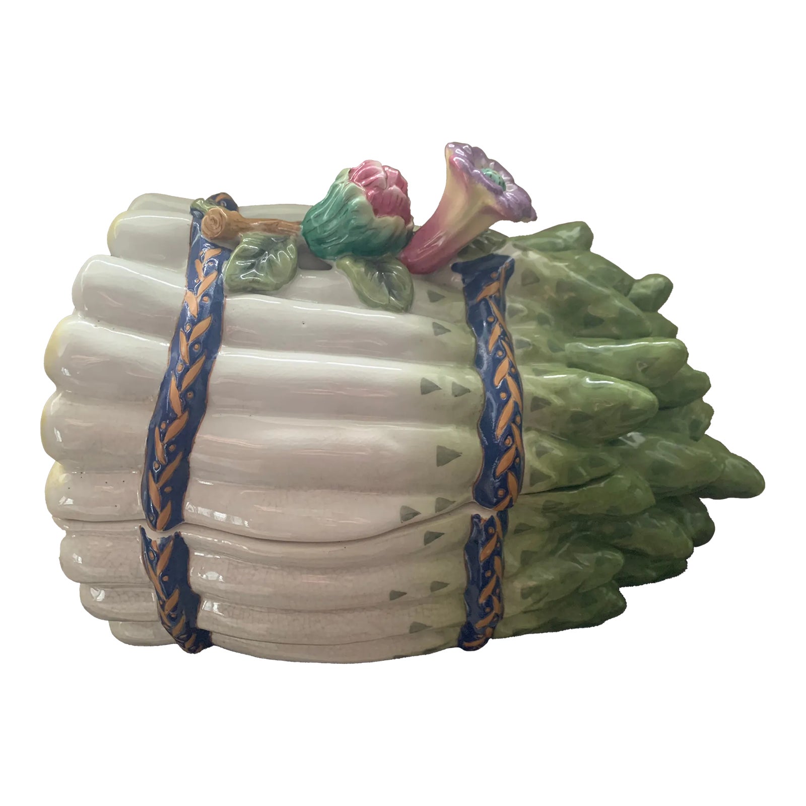 Large 1960s Majolica Ceramic Asparagus and Flower Soup Tureen | Chairish