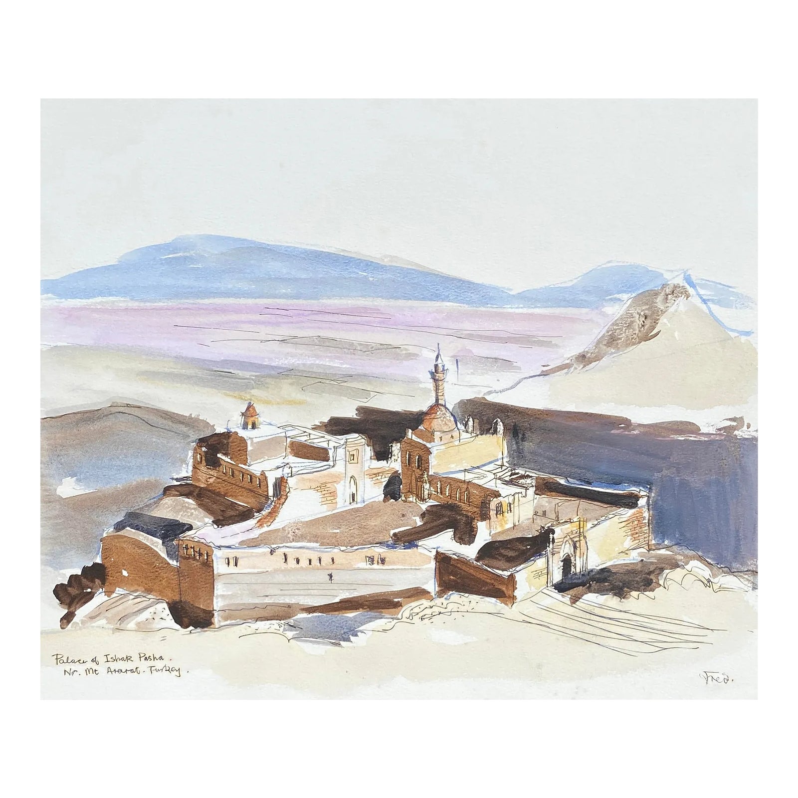 Fred Atkinson Ishak Pasha Palace Turkey Watercolor | Chairish