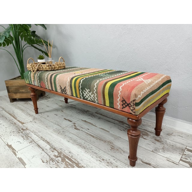 Boho Turkish Kilim Upholstered Bench | Chairish