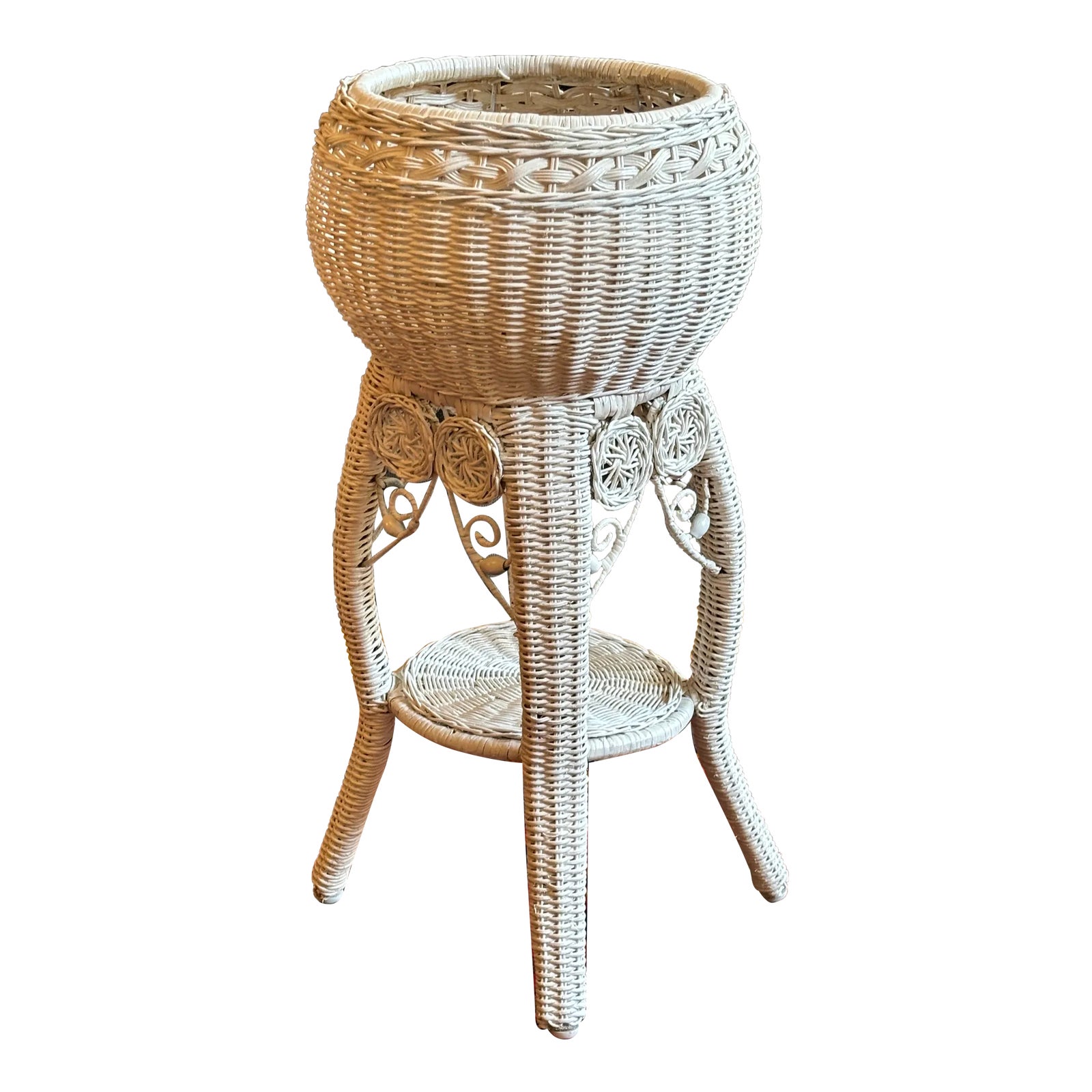 Mid-20th Century Boho Painted Wicker Pedestal Planter | Chairish