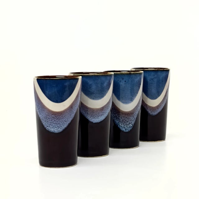 Artisanal 1970s-Style Brown and Blue Ceramic Beakers - Set of 4 | Chairish