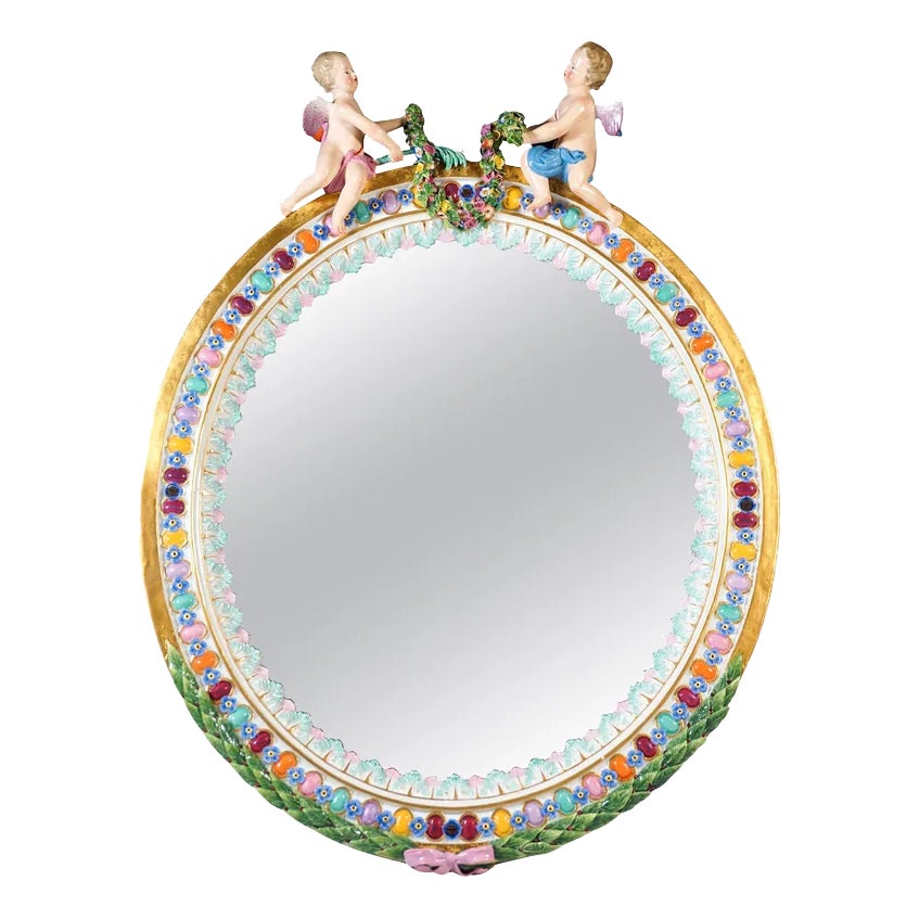 Large Oval Wall Mirror with Winged Cupids from Meissen, 1860 | Chairish
