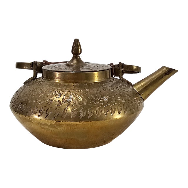 Indian Etched Brass Tea Kettle Floral Tea Pot | Chairish