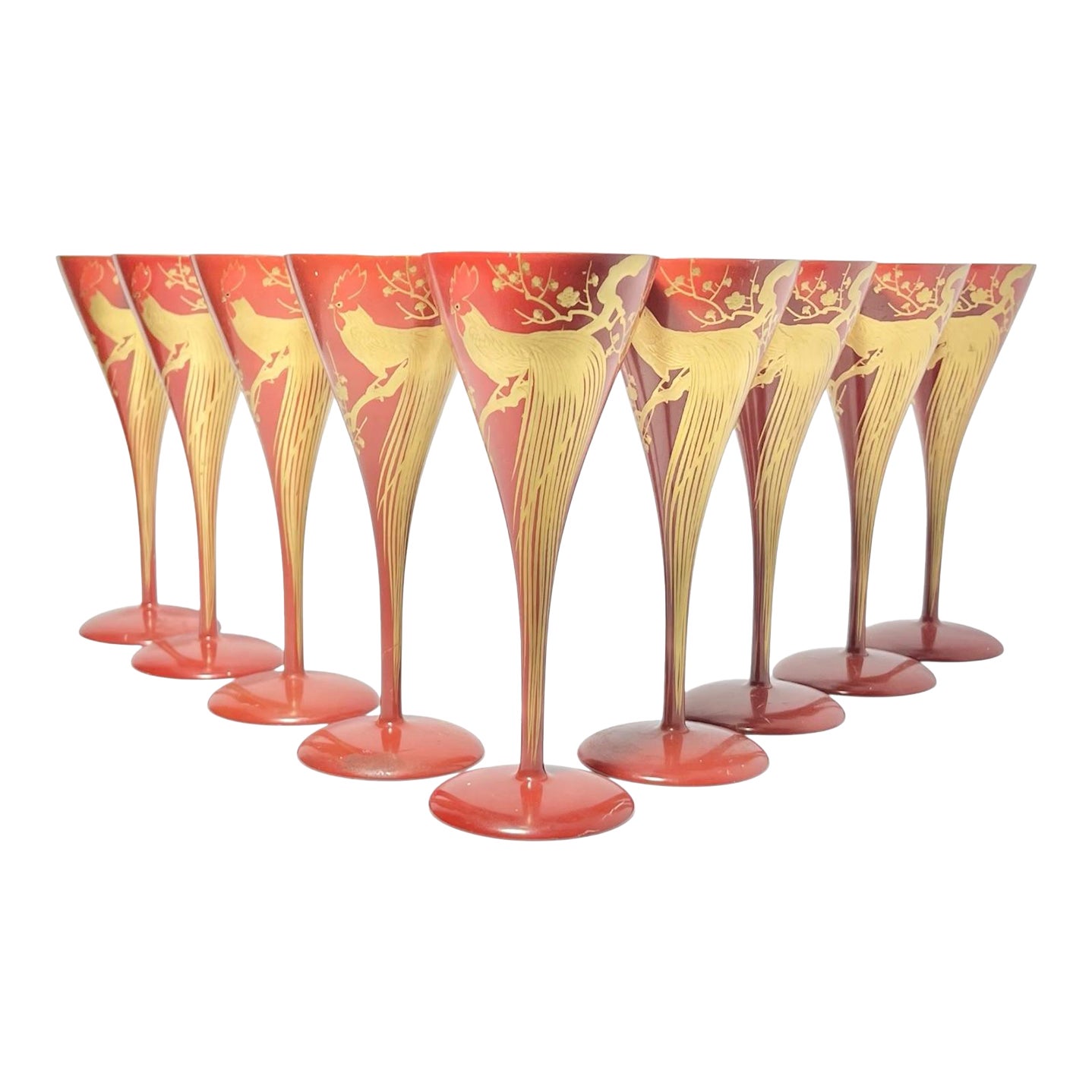 1960s Red Gold Urushi Lacquer Onagadori Rooster Sake Cocktail Glasses ...