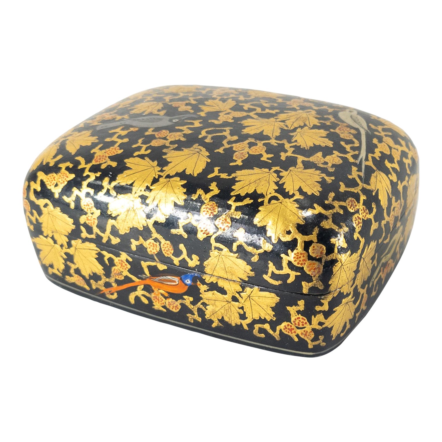 Late 20th Century Indian Lacquered Box With Leaves and Birds | Chairish