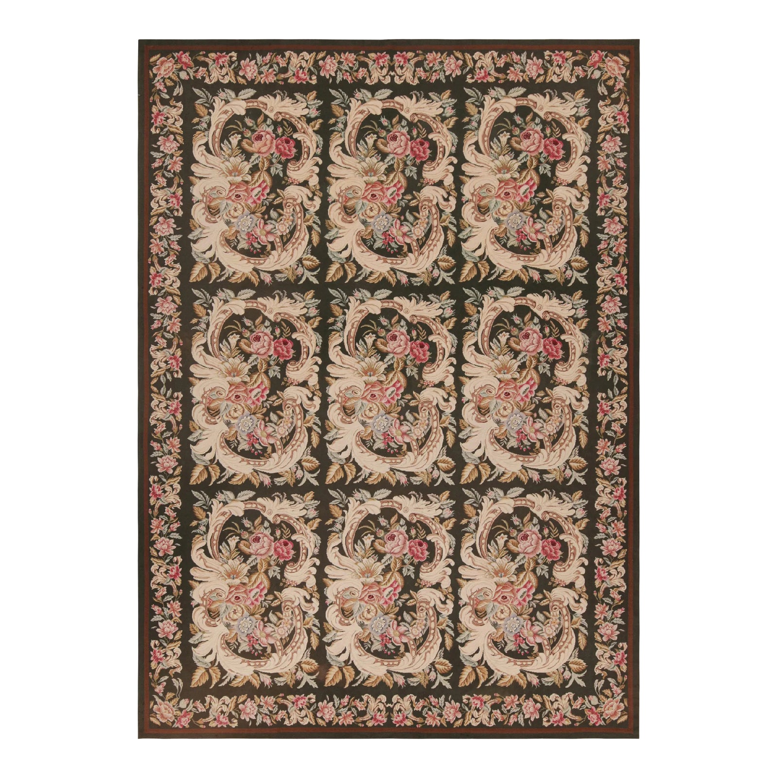 Rug & Kilim’s French Needlepoint Rug in Rich Brown With All-Over Floral ...