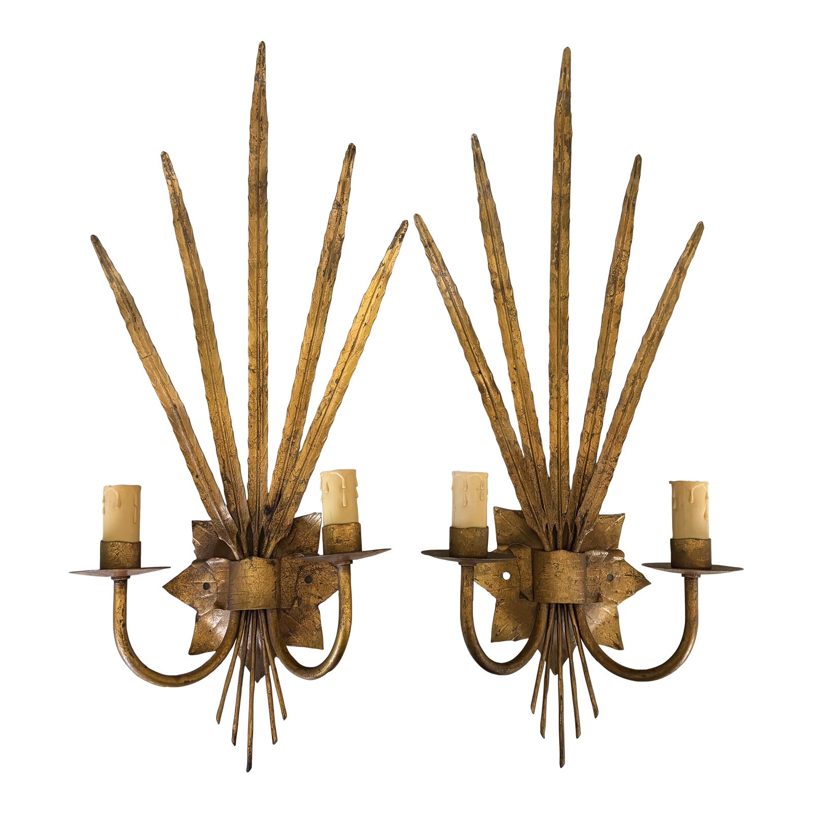 Vintage Large Scale Gilt Reed Leaf Wall Light Sconces - A Pair | Chairish