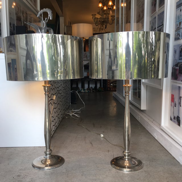 Solid Pewter Lamps and Round Shades a Pair | Chairish