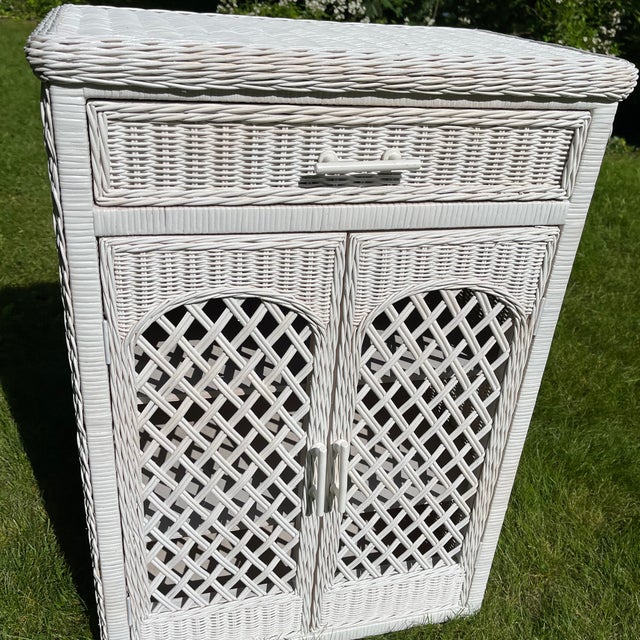 Boho Chic White Wicker Cabinet 2 Open Lattice Doors Drawer & 2 Shelves ...